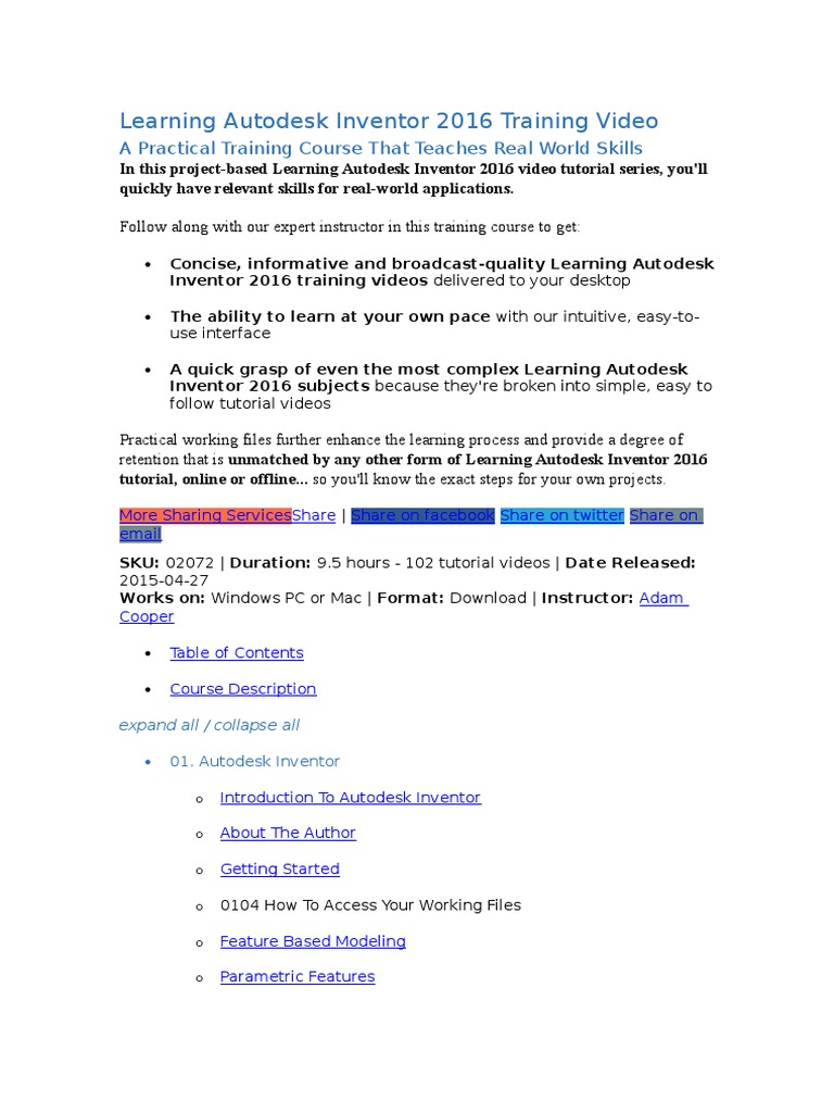 Learning Autodesk Inventor 2016 Training Video | PDF | Rectangle | Autodesk