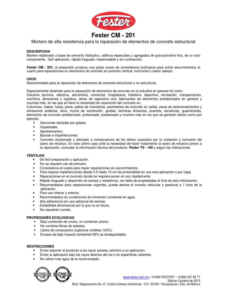 Fester CM 201 | Descargar gratis PDF | Hormigón | Acero