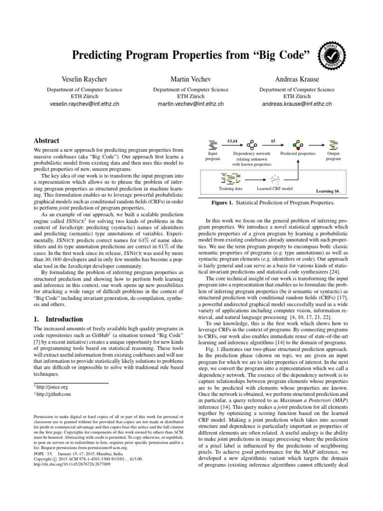 Predicting Program Properties From "Big Code": Veselin Raychev Martin Vechev Andreas Krause ...