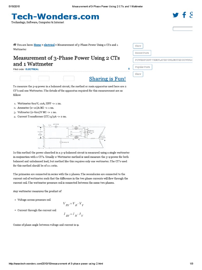 Measurement of 3-Phase Power Using 2 CTs and 1 Wattmeter PDF | PDF ...