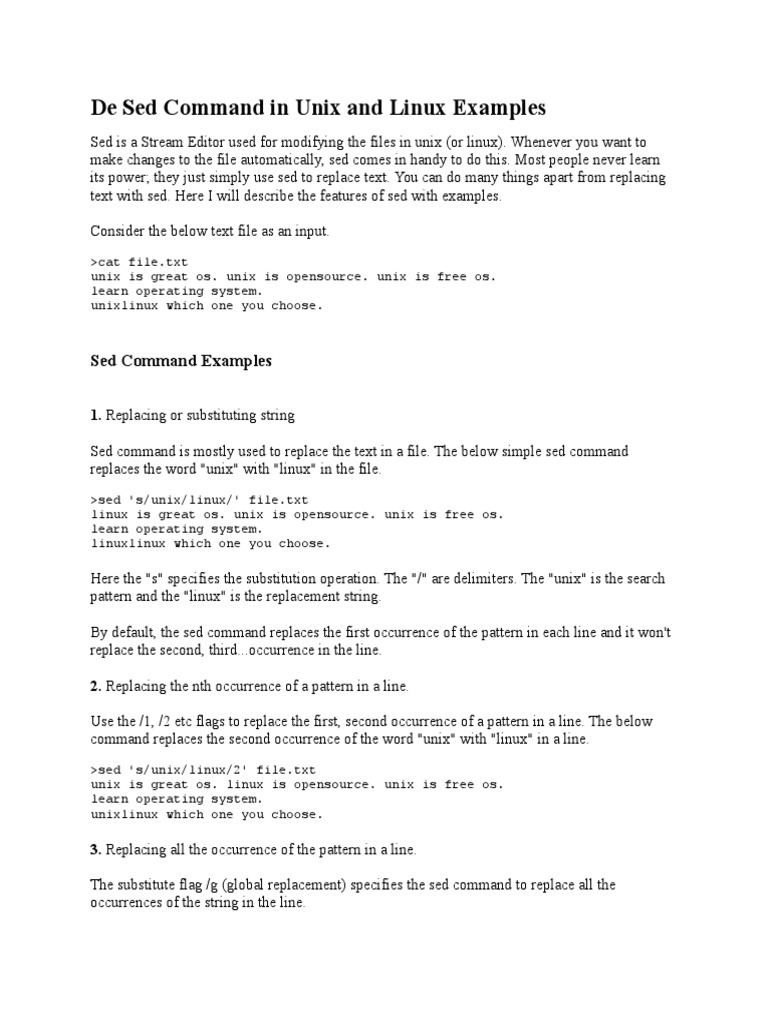 Sed Command In Unix And Linux Examples Pdf Regular Expression Operating System 6800