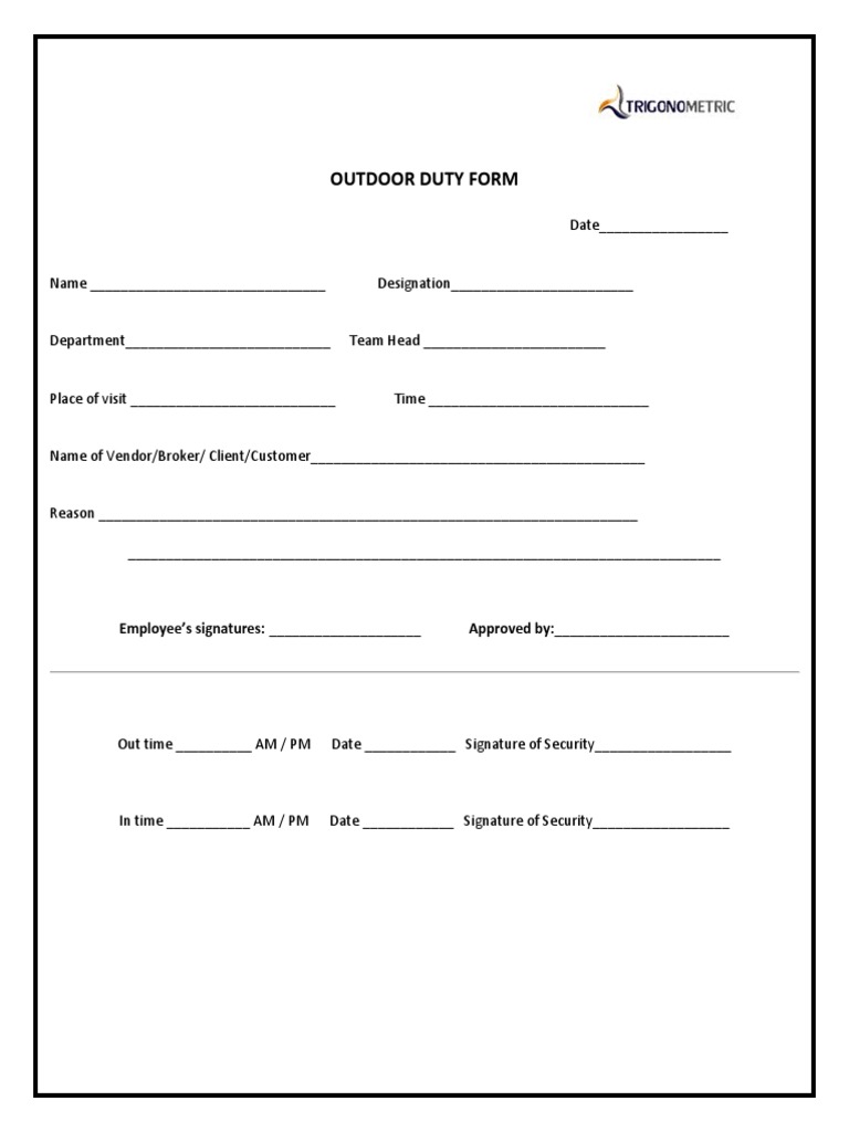 Outdoor Duty Form: Employee's Signatures: - Approved By | PDF