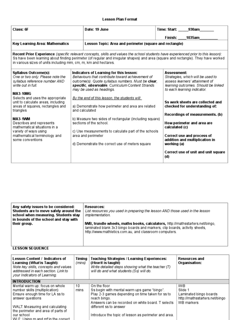 Lesson Plan | PDF | Area | Lesson Plan