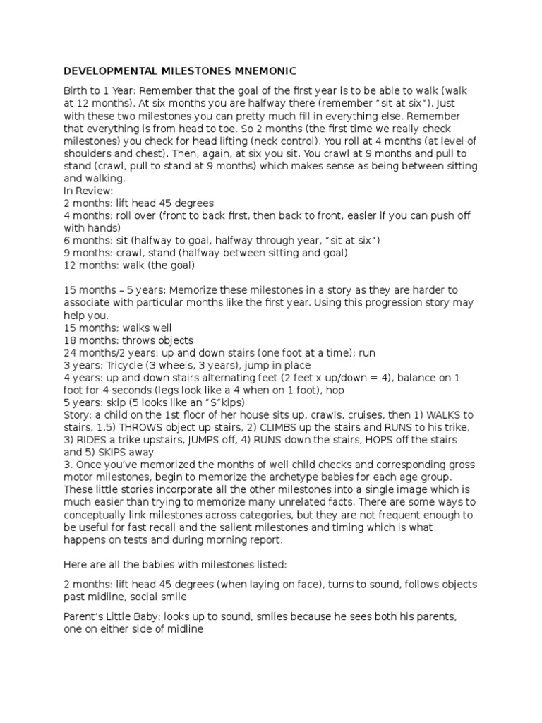 Developmental Milestones Mnemonic | PDF