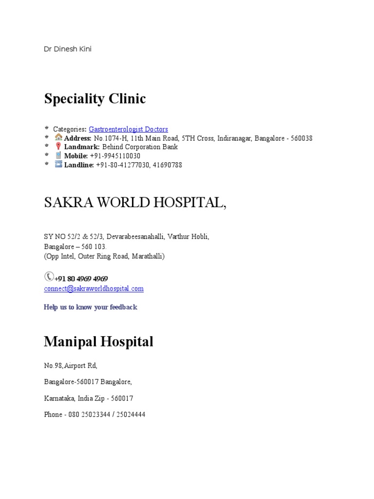 Speciality Clinic: Sakra World Hospital | PDF