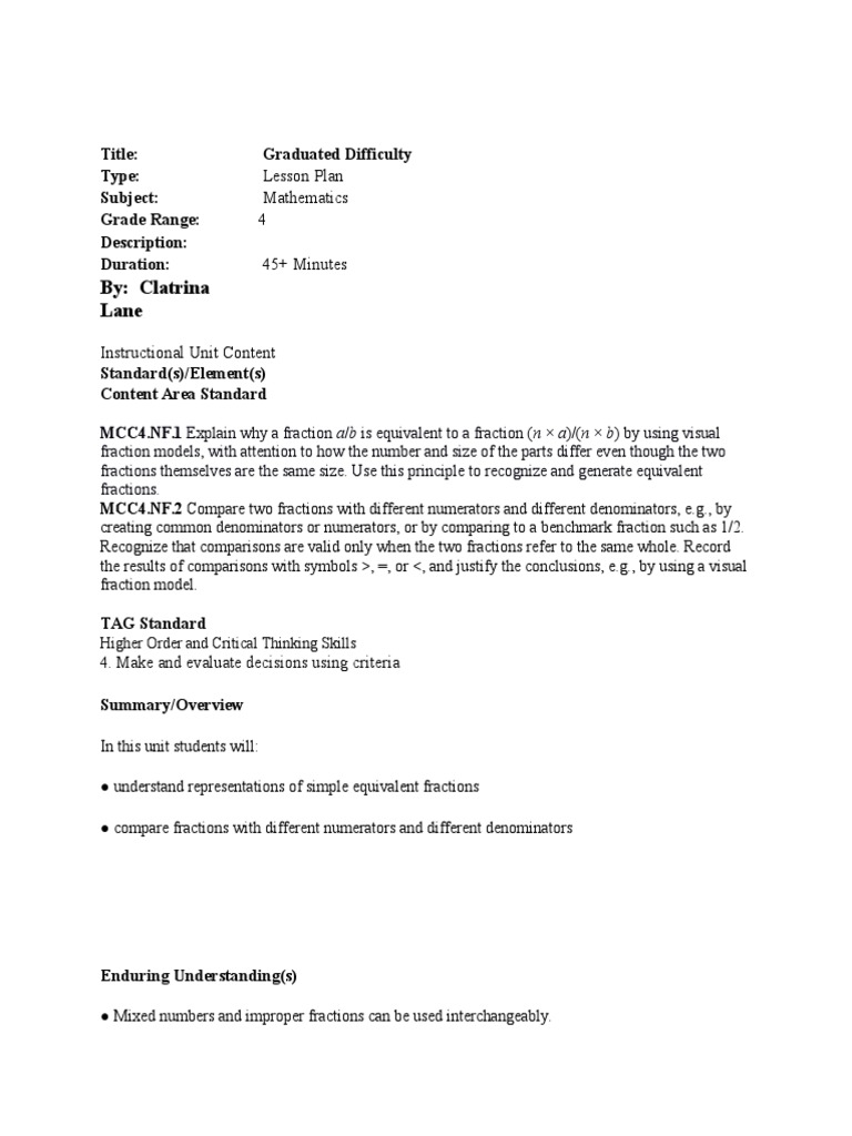 Graduated Difficulty Lesson Plan | PDF | Fraction (Mathematics ...