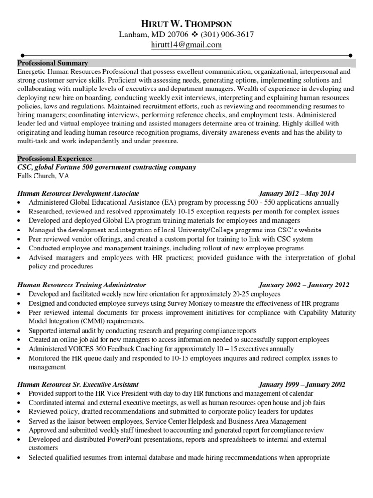 Human Resources Specialist Administrator in Washington DC Resume Hirut ...
