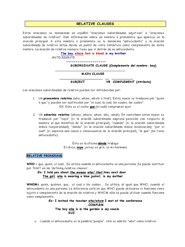 Relative Clauses Theory | PDF | Oración (Lingüística) | Reglas