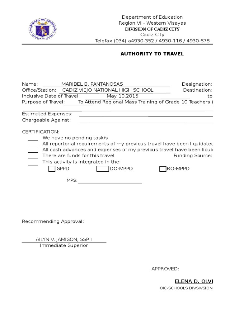 Travel Authorization for Teacher Training | PDF