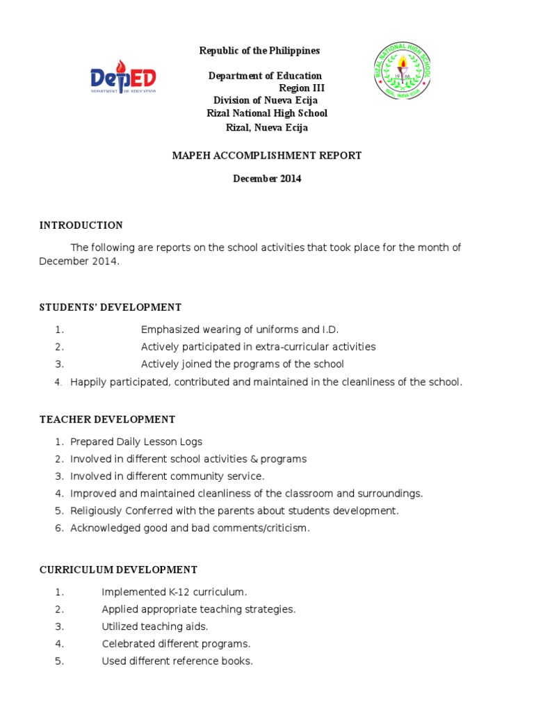 December 2014 MAPEH Accomplishment Report | PDF