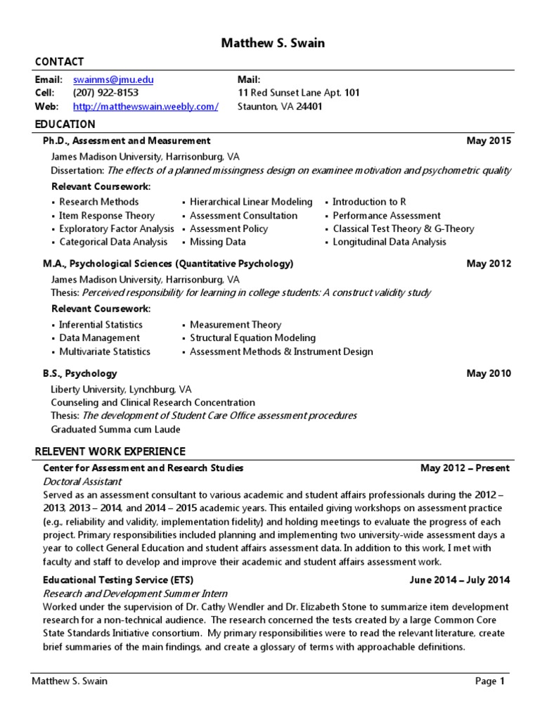 CV Matthew Swain | PDF | Psychometrics | Educational Assessment