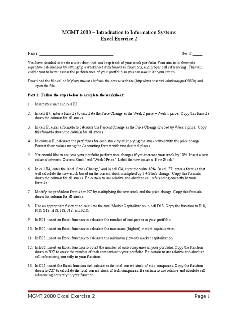 MGMT 2080 - Introduction To Information Systems Excel Exercise 2 | PDF | Microsoft Excel ...