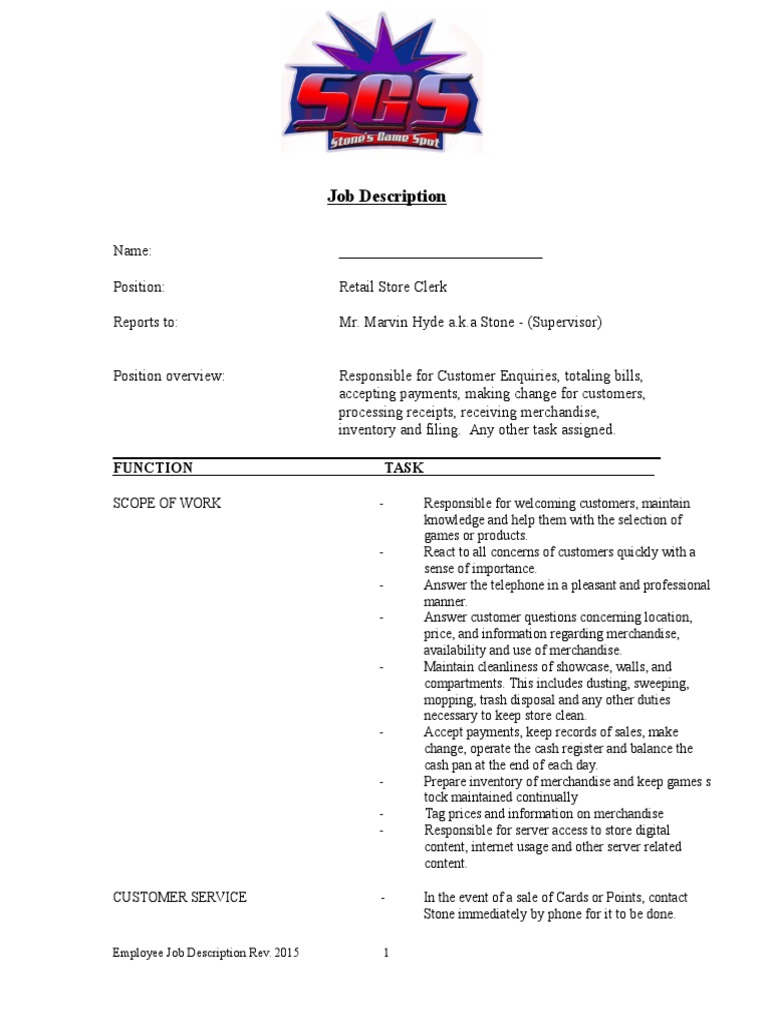 Job Description For Game Store Rev 02.03.15 | PDF | Employment | Fee