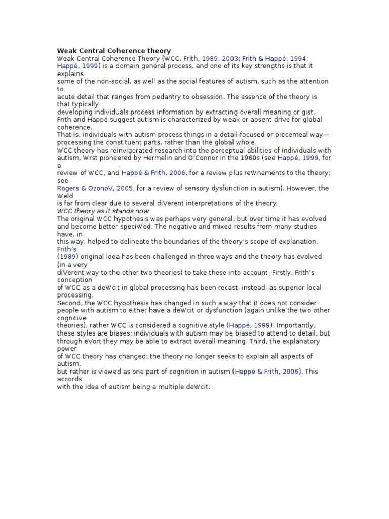 Frith, 1989, 2003 Frith & Happé, 1994 Happé, 1999: Weak Central ...