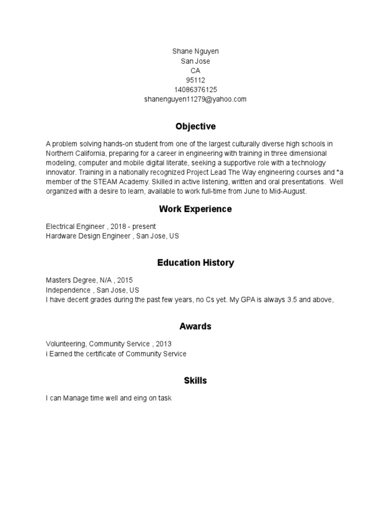 Engineering Student Resume - Shane Nguyen | PDF | Career & Growth