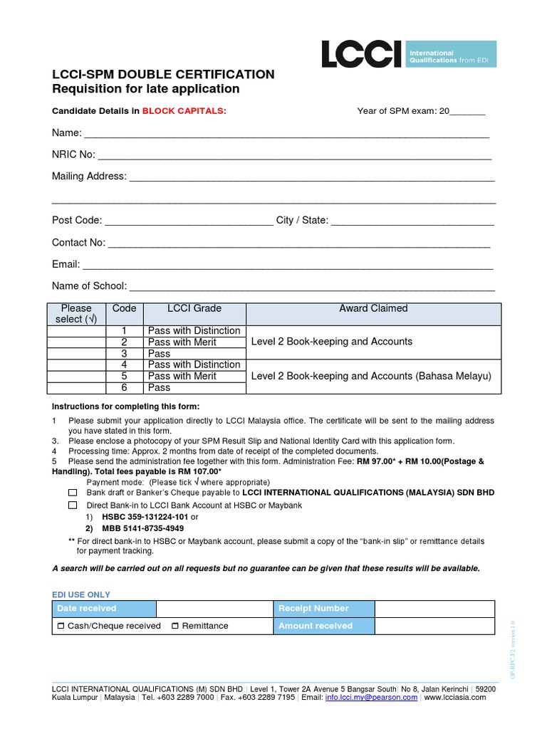 Lcci-Spm Double Certification Late Application Form | Download Free PDF ...