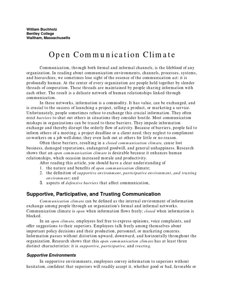 Open Communication Climate: William Buchholz Bentley College Waltham ...