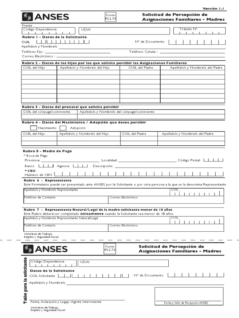 Anses Formulario 2.73 Percepcion Madres
