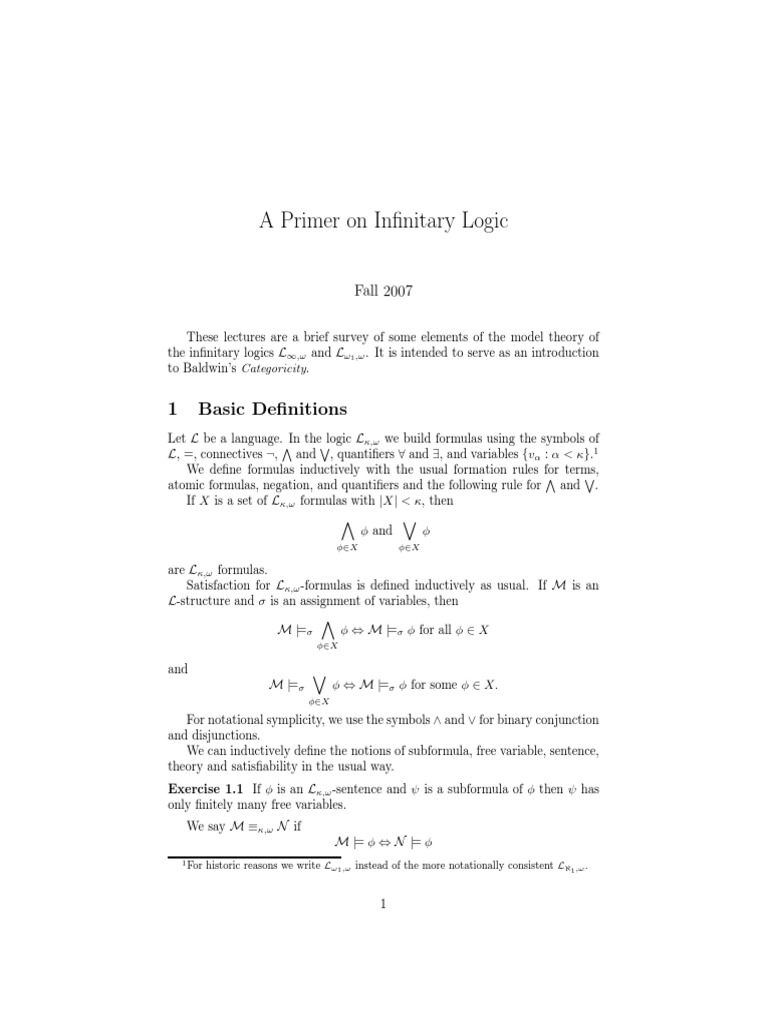 A Primer On Infinitary Logic | PDF | Model Theory | First Order Logic