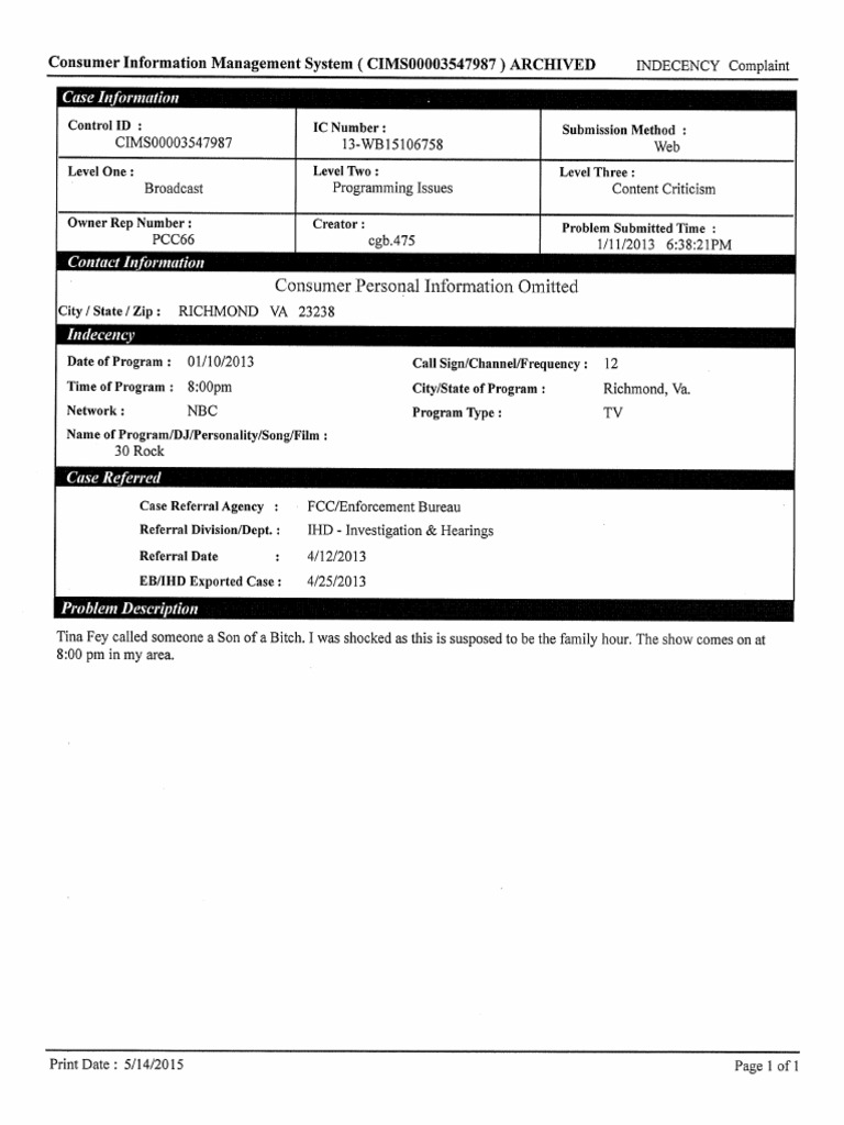 30 Rock FCC Complaints | Federal Communications Commission | Nbc