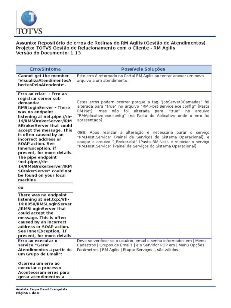 Repositorio de Erros de Rotinas Do RM Agilis | PDF | E-mail | SQL