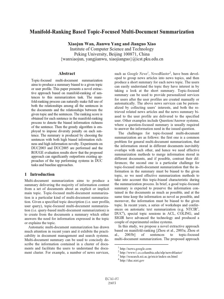Manifold-Ranking Based Topic-Focused Multi-Document Summarization | PDF | Matrix (Mathematics ...