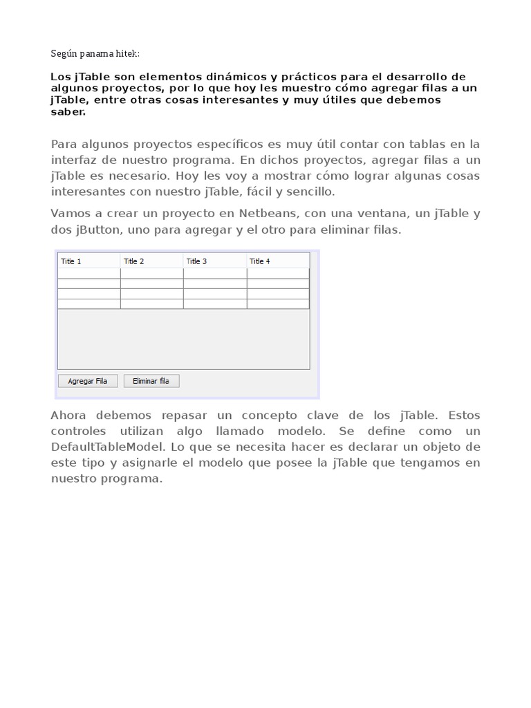 Jtable | PDF | Tabla (base de datos) | Java (lenguaje de programación)