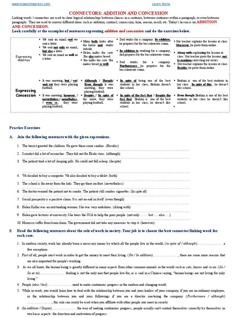 Expressing Addition and Concession | PDF | Sentence (Linguistics ...