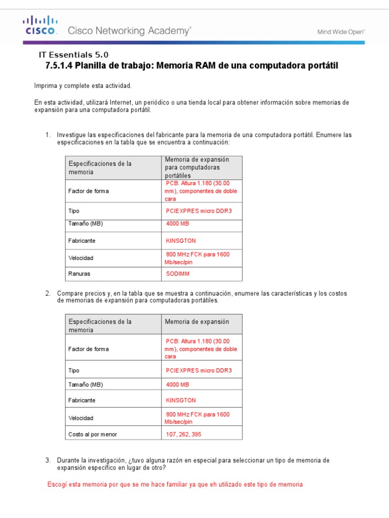 7.5.1.4 Worksheet - Laptop RAM | PDF