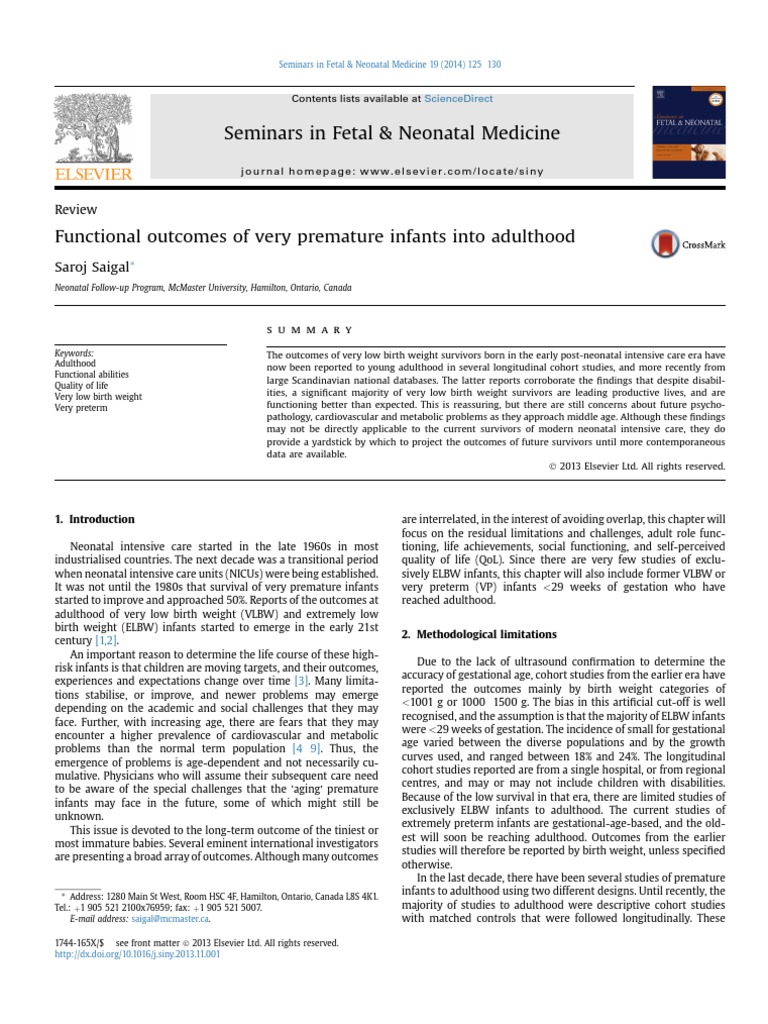 Outcomes of Very Premature Infants' Adulthood | PDF | Preterm Birth ...