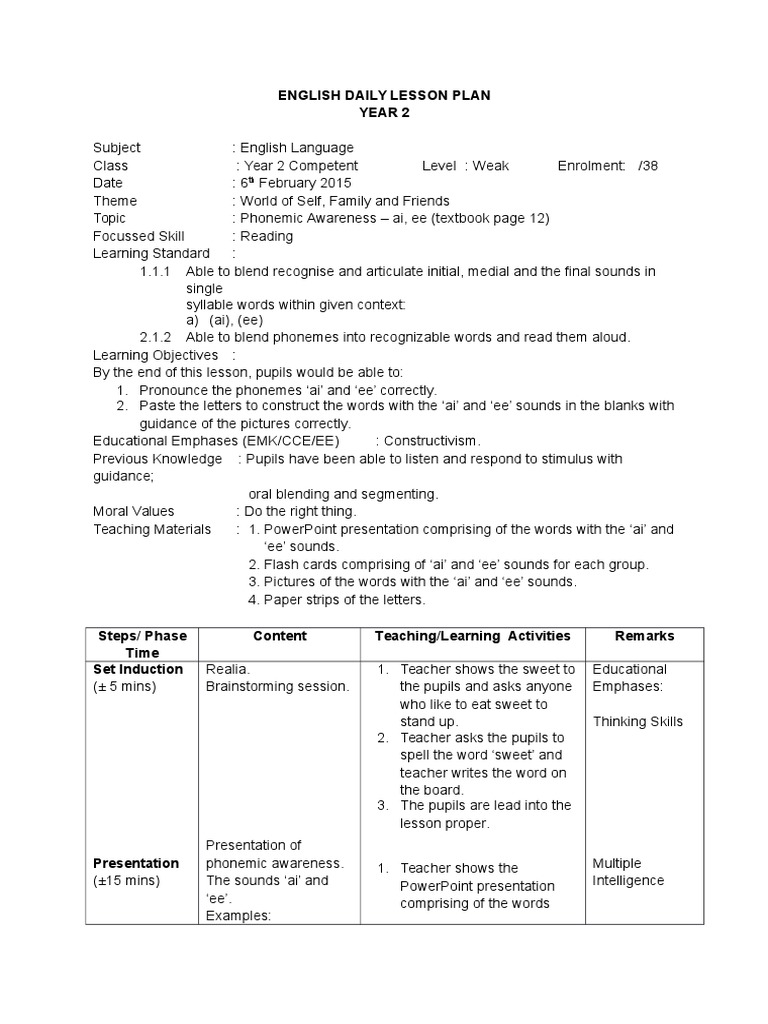 English Daily Lesson Plan Year 2 | Download Free PDF | Lesson Plan ...