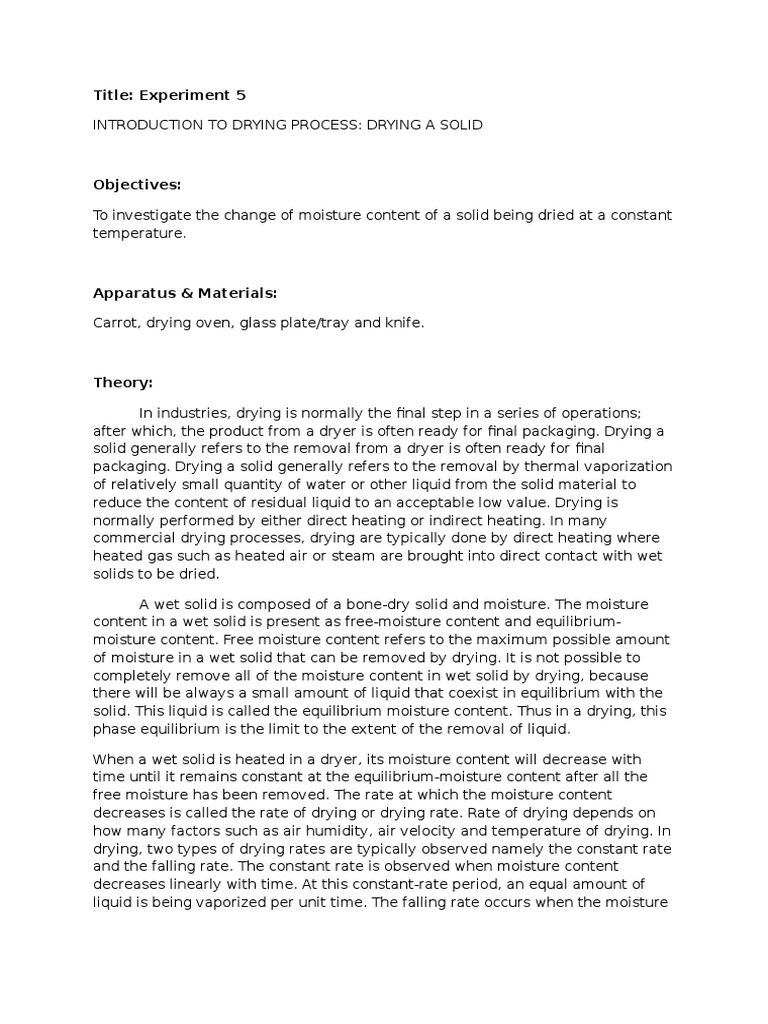 (Lab Report Operation Unit) Experiment 5: INTRODUCTION TO DRYING ...