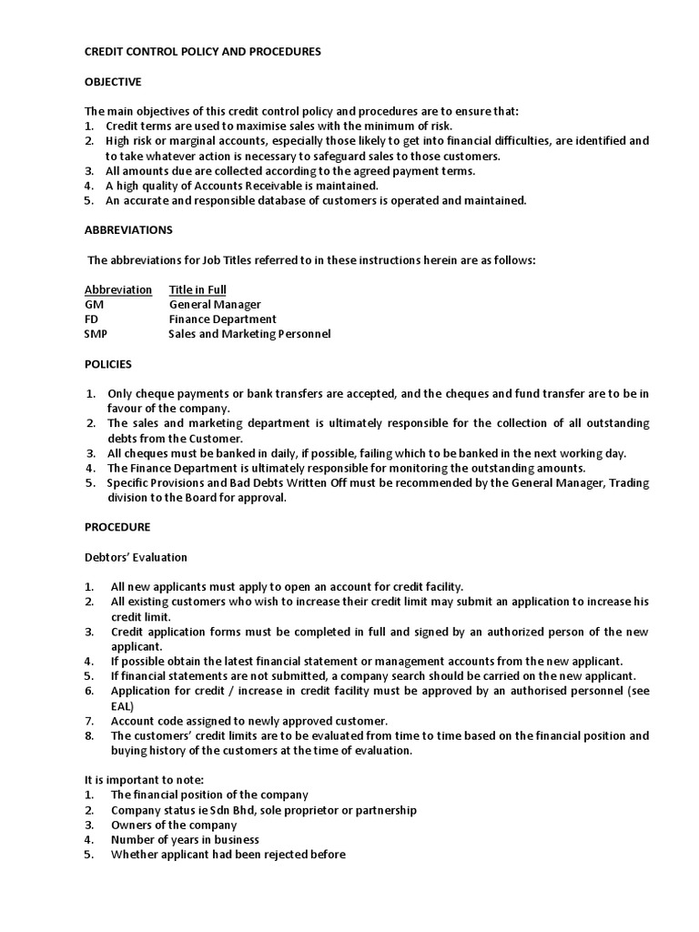 Credit Control Policy and Procedures Objective | PDF | Debits And ...