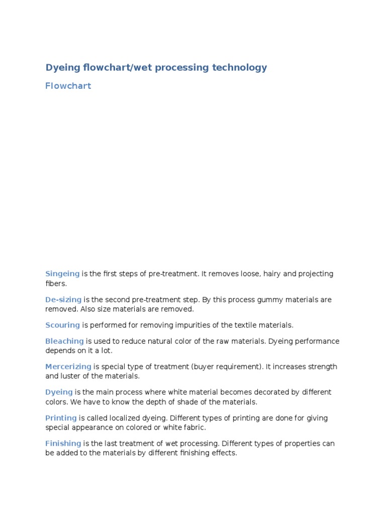 Dyeing Flowchart/wet Processing Technology | PDF | Dye | Bleach
