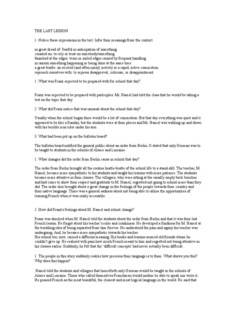 The Last Lesson Short Ans 2 | PDF | Franco Prussian War | Languages