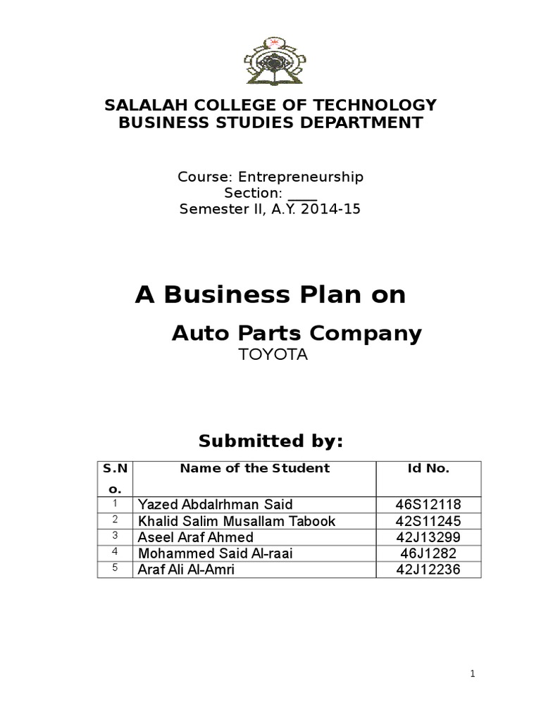 Auto Parts Business Plan for Toyota | PDF | Revenue | Sales
