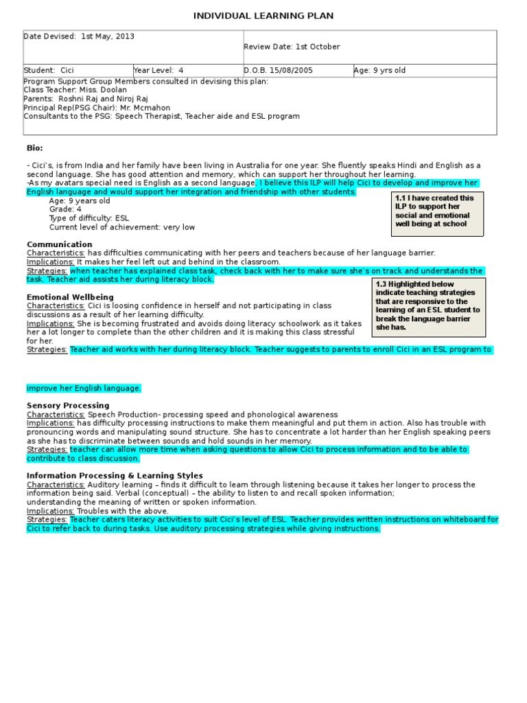 Individual Learning Plan for ESL Student | PDF | Reading (Process ...