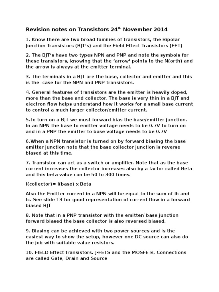 Revision Notes On Transistors | PDF | Bipolar Junction Transistor ...