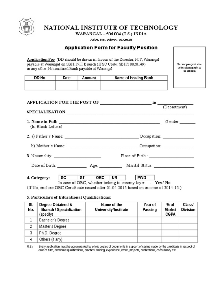 National Institute of Technology: Application Form For Faculty Position ...