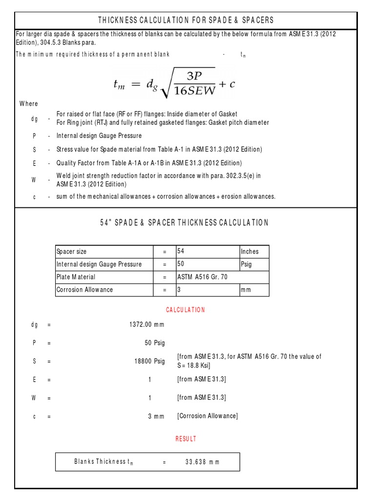 Spade and Spacer Thickness Calculation | PDF