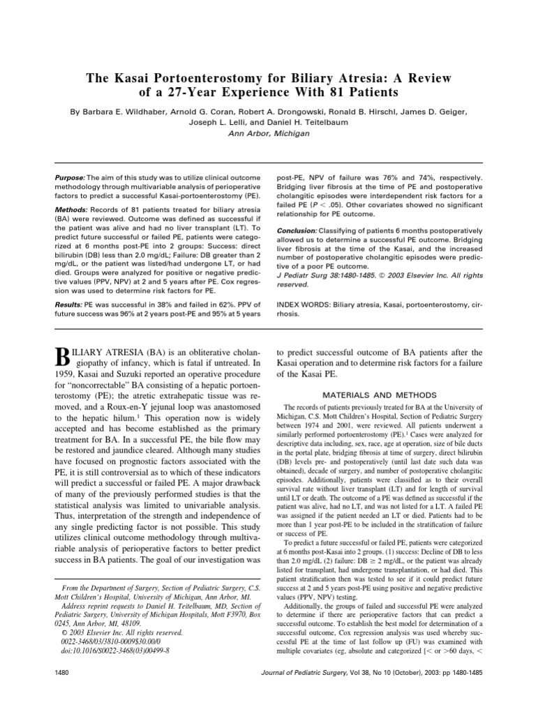The Kasai Portoenterostomy For Biliary Atresia: A Review of A 27-Year ...