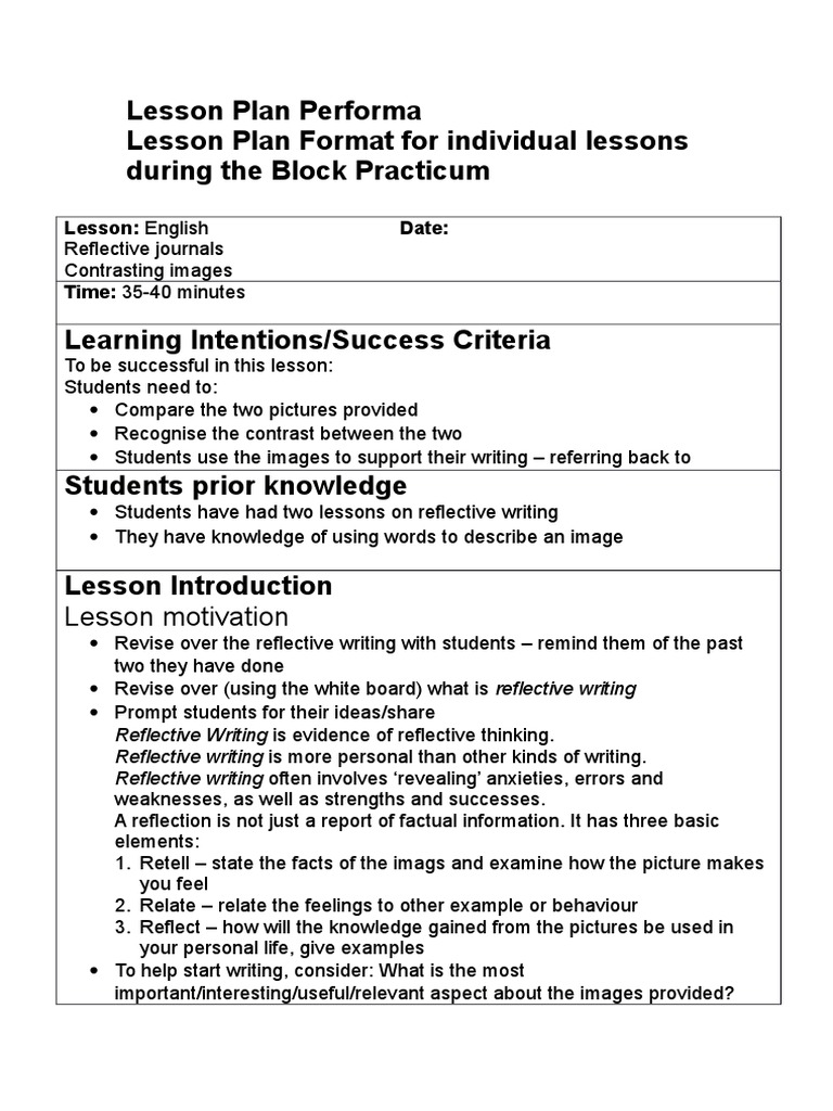 Lesson Plan Reflective Writing2 | PDF | Lesson Plan ...