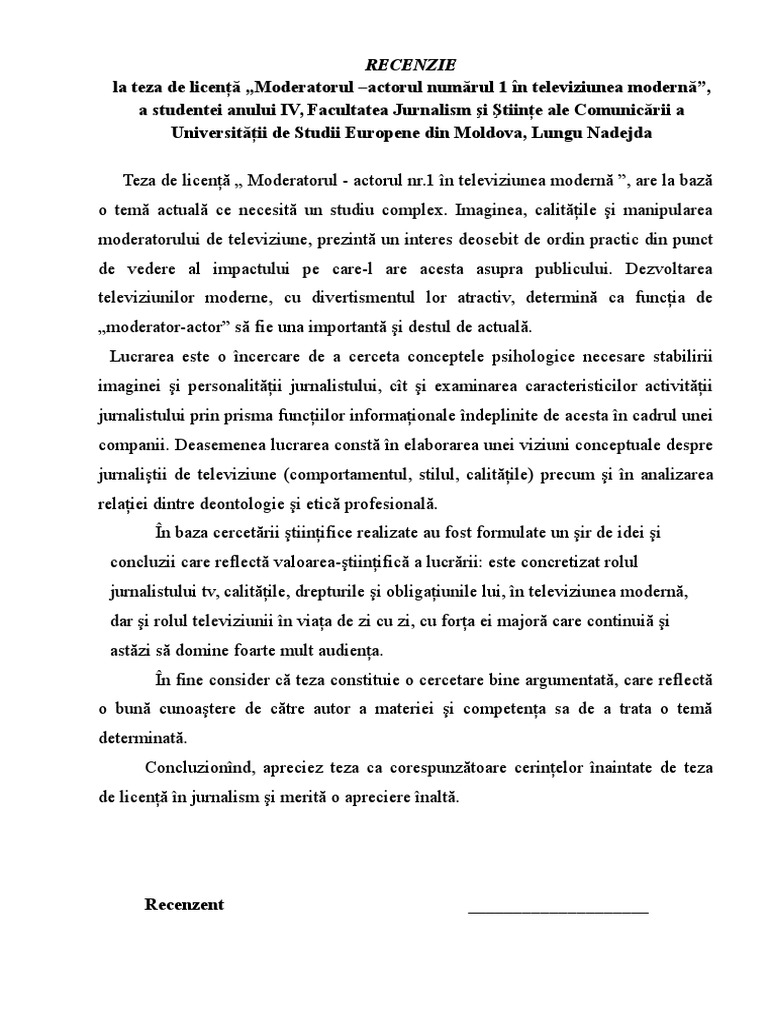 Model de Recenzie Pentru Teza de Licenta Sau Master