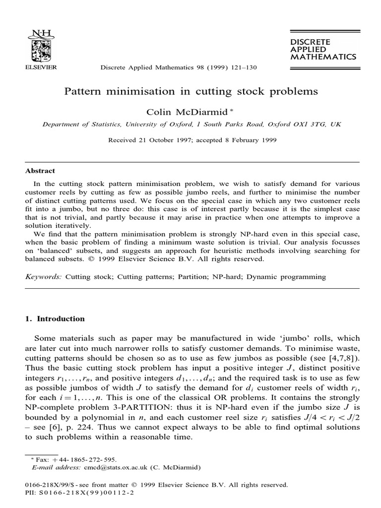 Pattern Minimisation in Cutting Stock Problems: Colin Mcdiarmid | PDF | Vertex (Graph Theory ...