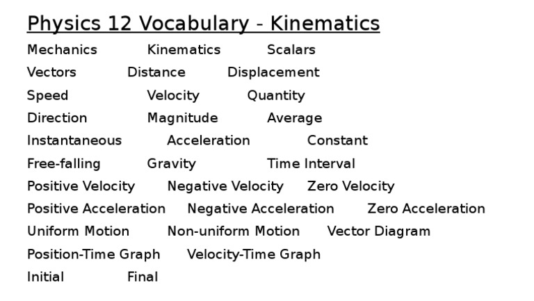 Physics 12: Kinematics Vocabulary | PDF