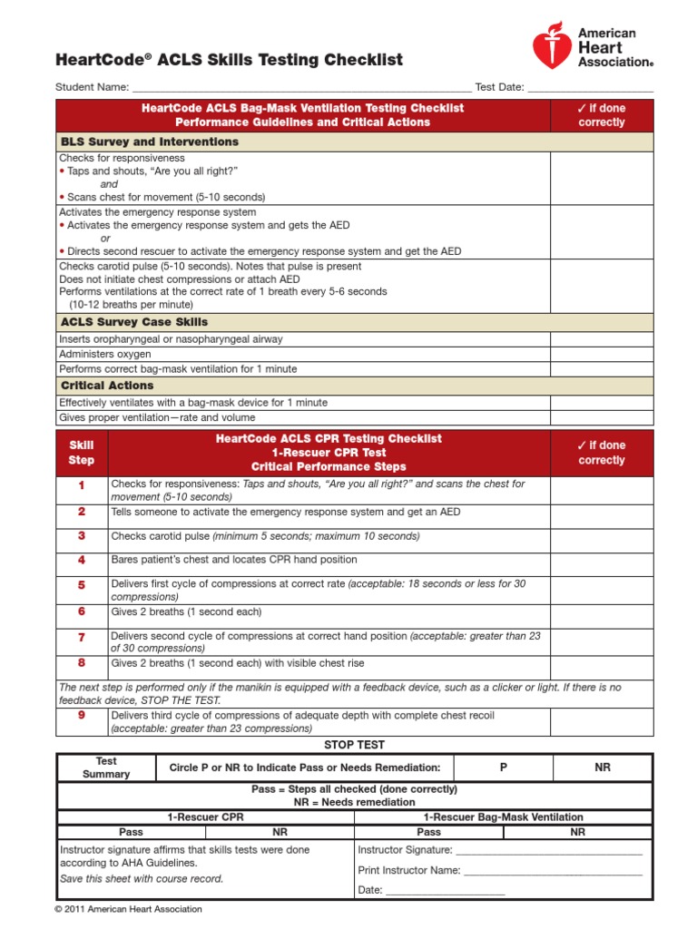 Acls Skills Testing Checklist | PDF | Cardiopulmonary Resuscitation ...