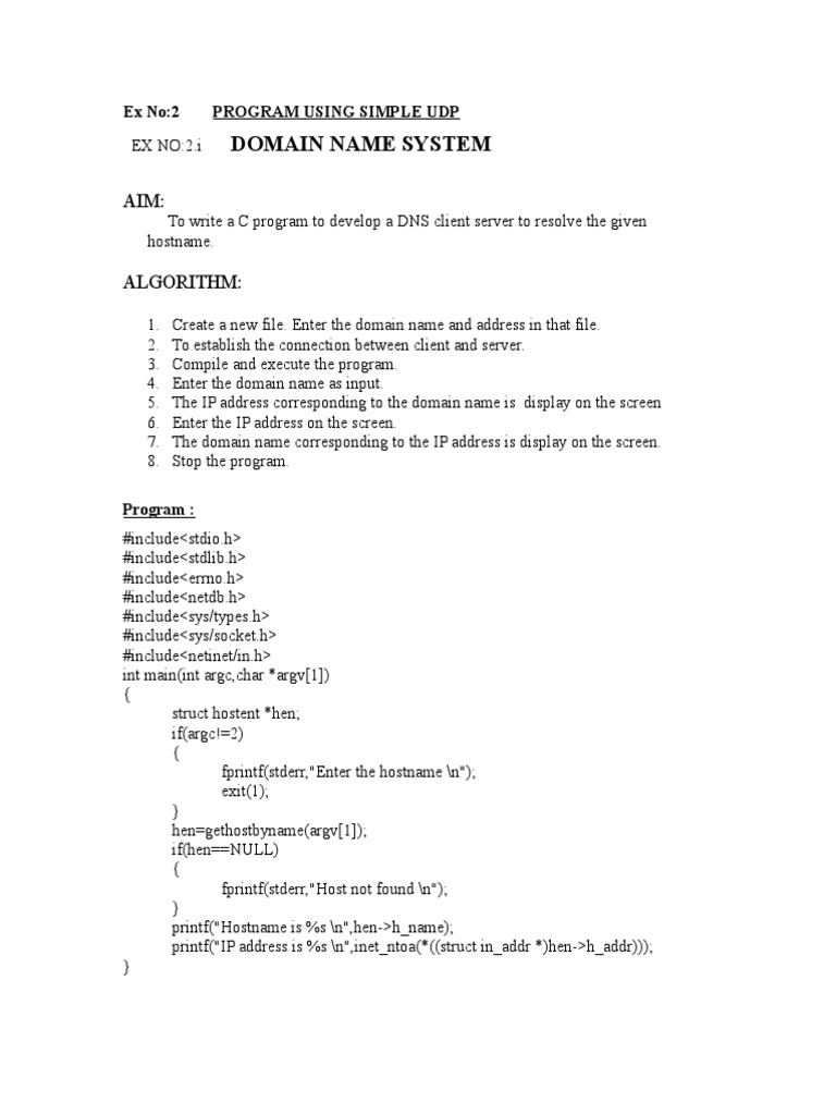 Domain Name System: Ex No:2 Program Using Simple Udp EX NO:2.i | PDF | Domain Name System ...