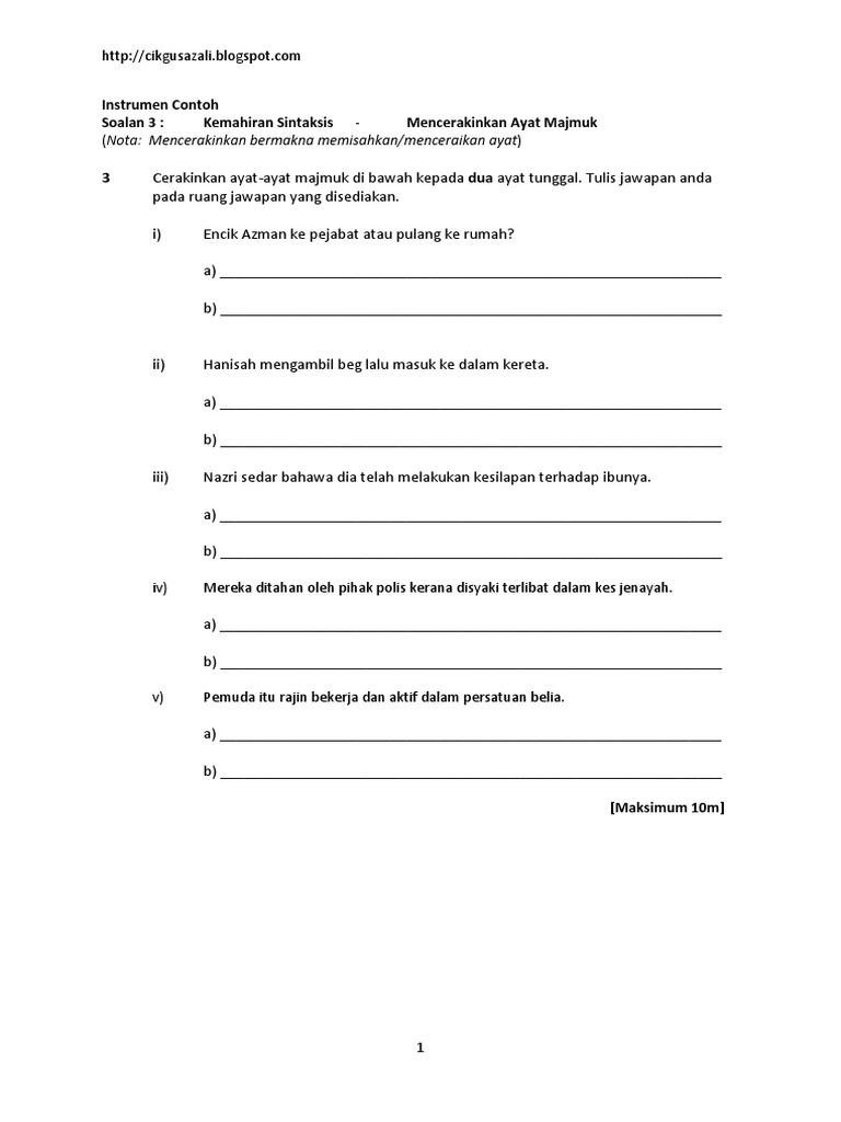 Instrumen Contoh Soalan 3 Cerakin Ayat | PDF
