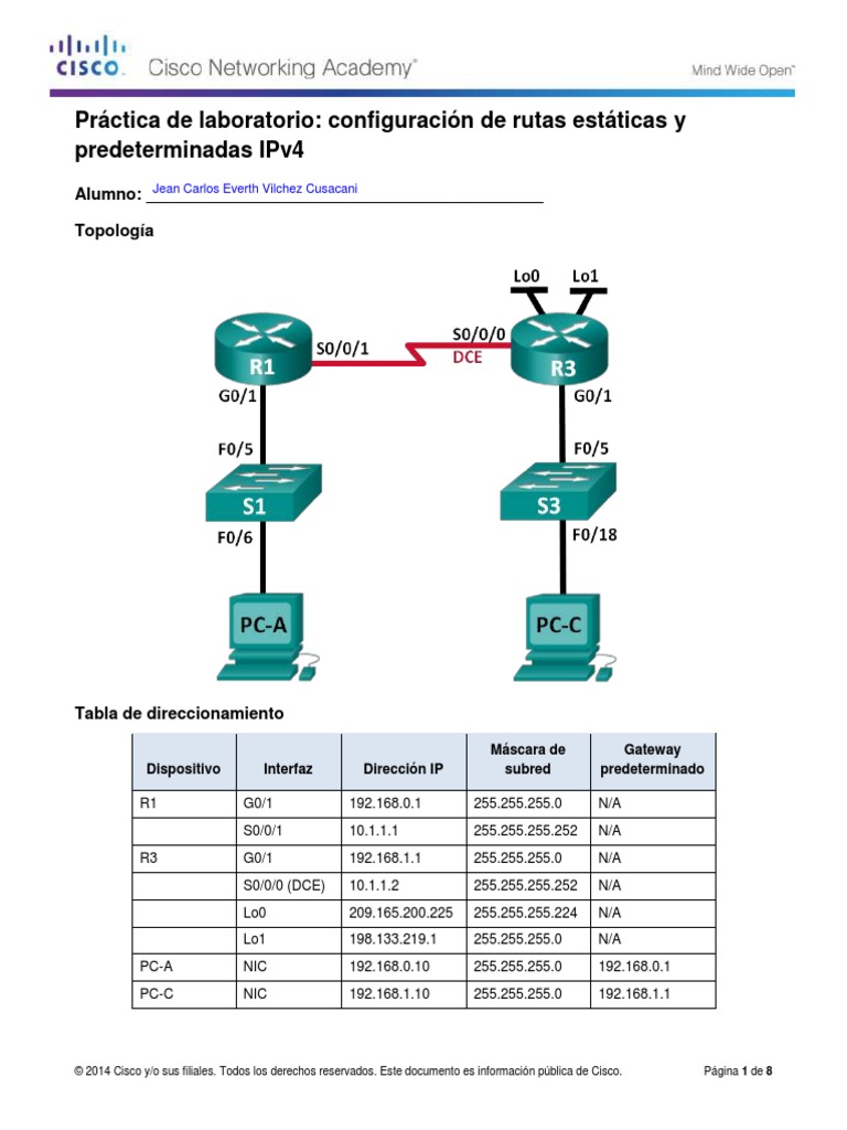 6.2.2.5 Lab - Configuracion de Rutas Estaticas y Predeterminadas IPv4 | PDF | Enrutador ...