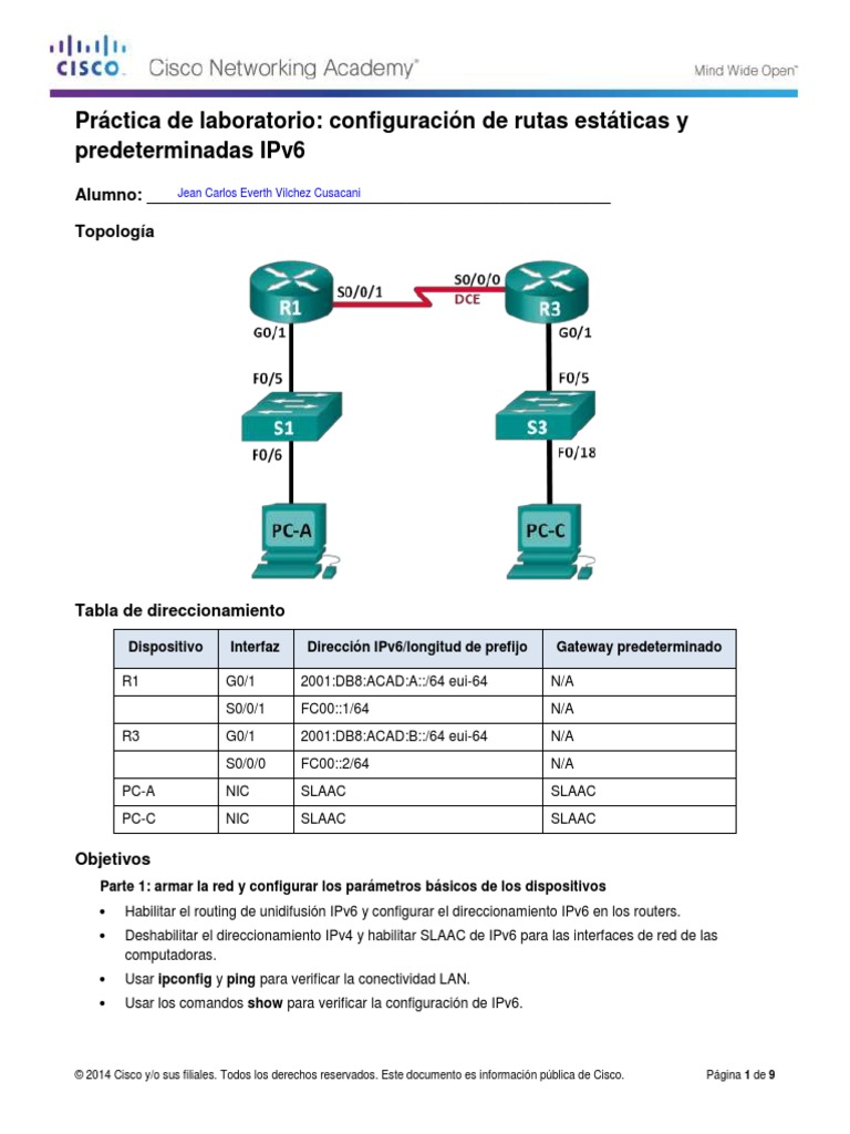 6.2.4.5 Lab - Configuracion de Rutas Estaticas y Predeterminadas IPv6 | PDF | Yo Pv6 | Enrutador ...
